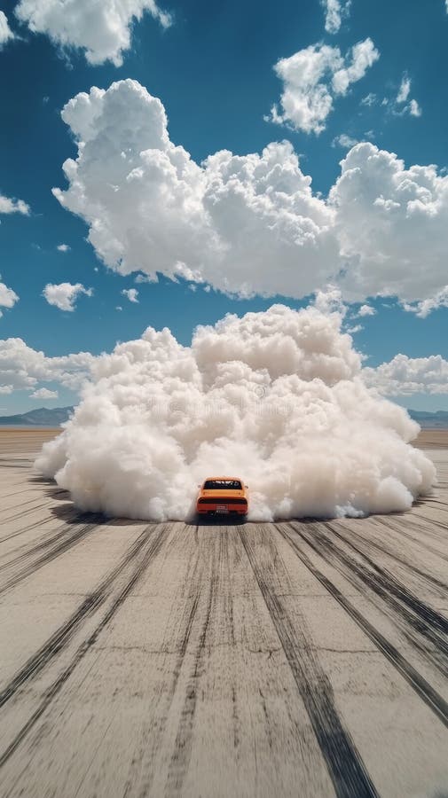 A Car Performs a Burnout on an Expansive Salt Flat Under a Bright Blue ...