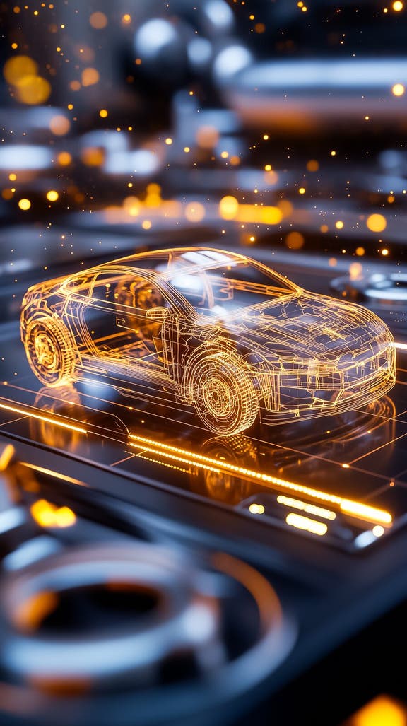 Car Prototype Shown in Glowing Wireframe Model Resting on Sleek Surface ...