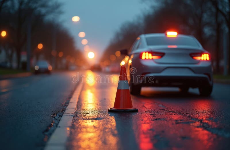 Car Pulled Over Road, Hazard Lights Flashing, Warning Cone Placed ...