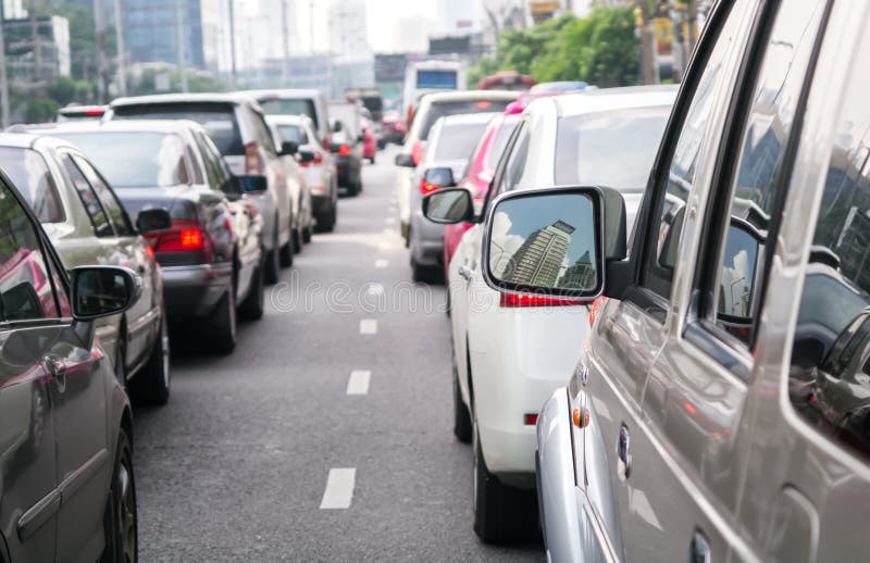 Car Queue In The Bad Traffic Road Stock Image - Image of urban, tree ...