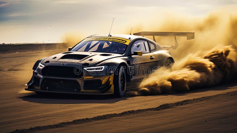 A Car Racer Flying Along the Highway with High Speed, Raising a Cloud ...