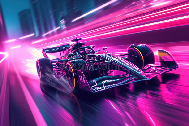 Car Racing at High Speed with Neon Lights. Digital Illustration. Stock ...