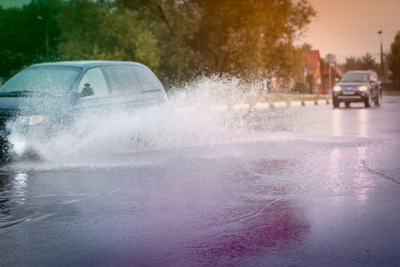 Car Rain Puddle Splashing Water Stock Image - Image of puddle, speed ...