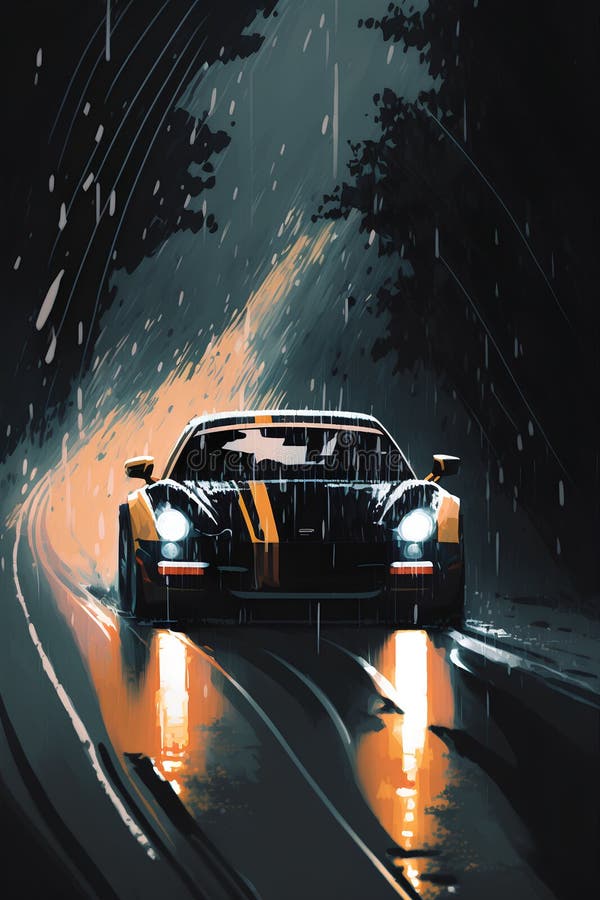 Car in the Rain on the Road. 3D Rendering. Computer Digital Drawing ...