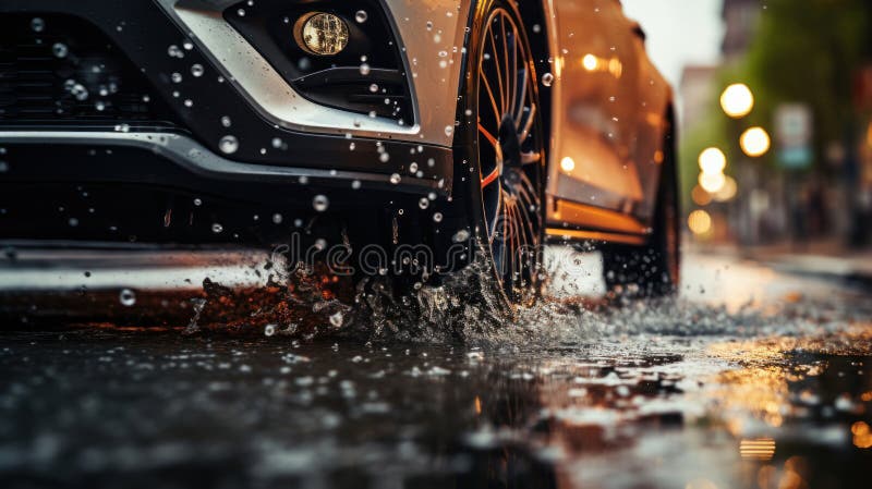 Car in the Rain with Water Splashes on the Road Stock Illustration ...