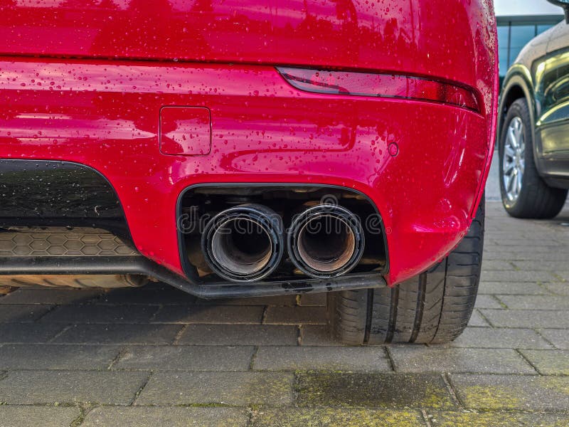 Red Car Rear Bumper with Exhaust Pipes Stock Image - Image of pickup ...