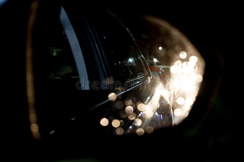 Car Rear Mirror at Night Blurried Lights Stock Photo - Image of rain ...