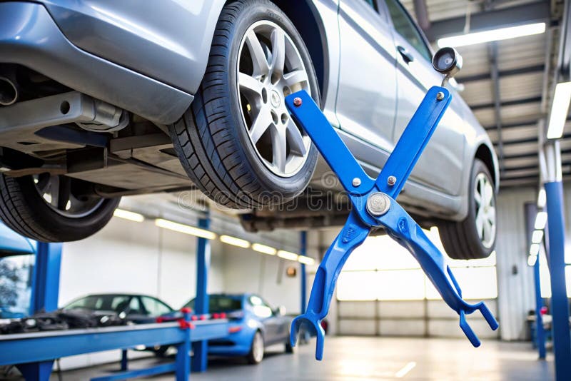 Car Rear Side Lifting Scissors Blue in Garage Stock Illustration ...