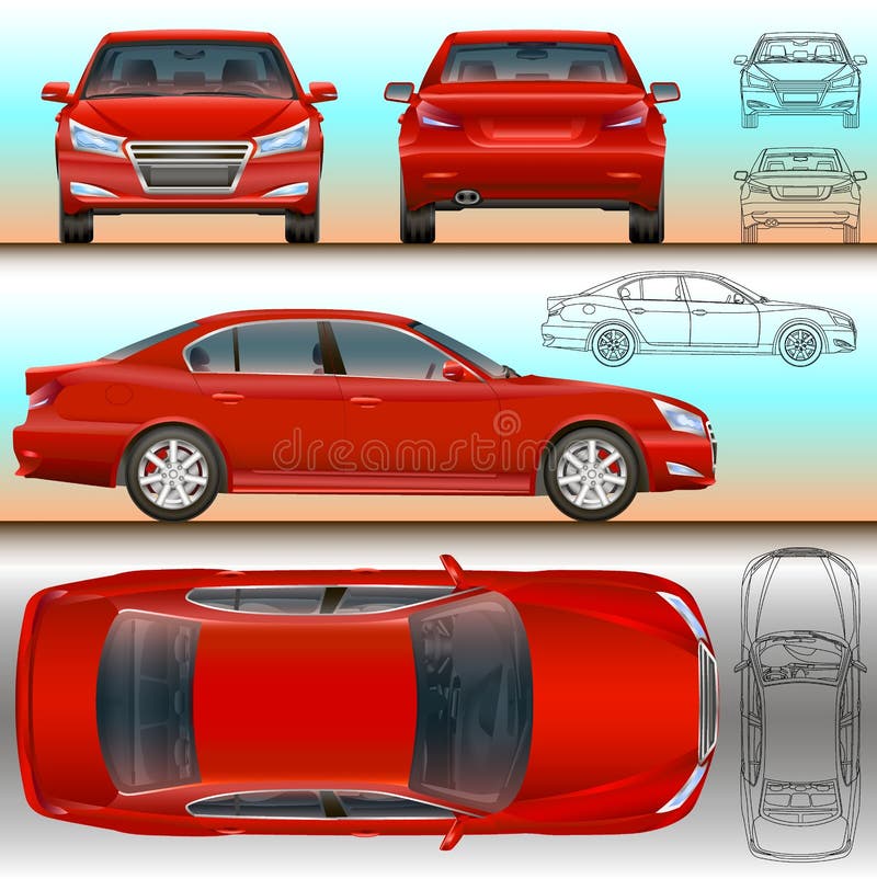 Car Red Set Illustration All View Color and Outline Drawing Stock ...