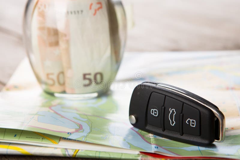 Car Rental Concept - Car Key and Money on the Map Stock Image - Image ...