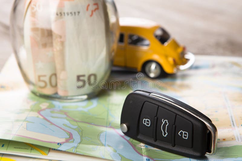 Car Rental Concept - Car Key and Money on the Map Stock Image - Image ...