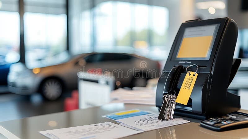 A Car Rental Counter with Key Tags and Contracts Ready for Customers ...