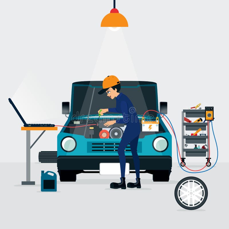 Auto Mechanic with Broken Car. Stock Illustration - Illustration of ...