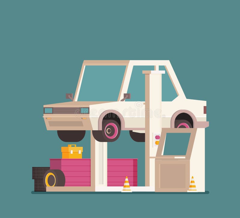 Car Repair. Car Lifted on Auto Lift Stock Vector - Illustration of ...
