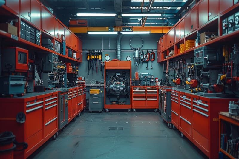 Car Repair Shop Engine Maintenance with Tool Rack and Metal Cabinets ...