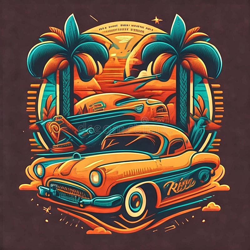 Car in Retro Style, Vibrant Colors, Vector Design Illustration Style ...