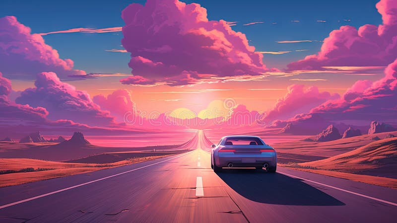 Car Ride on the Morning Road in 80s Retro Synthwave or 00s Vaporwave ...