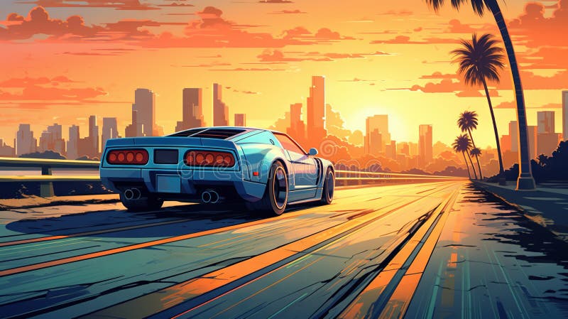 Car Ride on the Morning Road in 80s Retro Synthwave or 00s Vaporwave ...