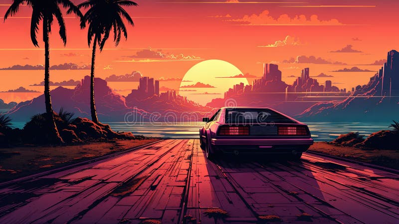 Car Ride on the Morning Road in 80s Retro Synthwave or 00s Vaporwave ...