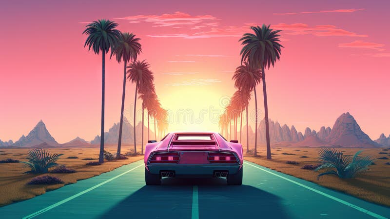 Car Ride on the Morning Road in 80s Retro Synthwave or 00s Vaporwave ...