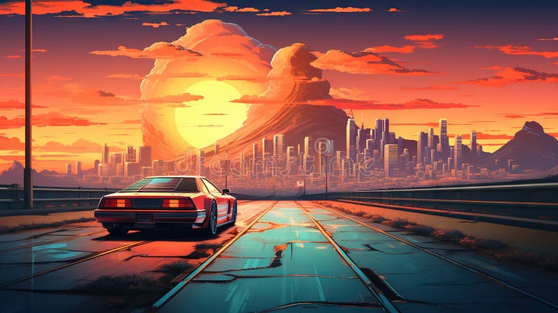 Car Ride on the Morning Road in 80s Retro Synthwave or 00s Vaporwave ...