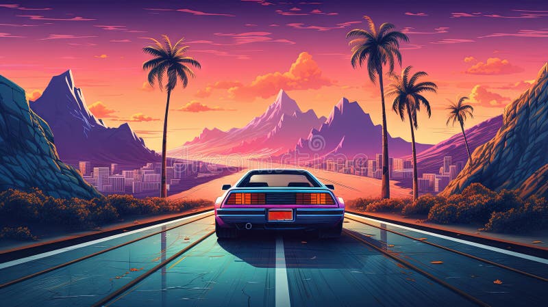 Car Ride on the Morning Road in 80s Retro Synthwave or 00s Vaporwave ...