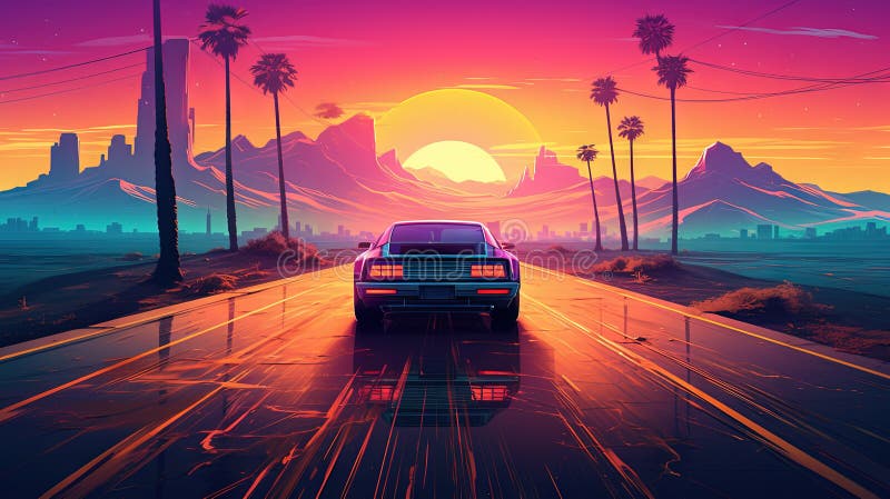 Car Ride on the Morning Road in 80s Retro Synthwave or 00s Vaporwave ...