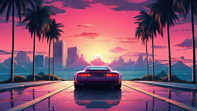Car Ride on the Morning Road in 80s Retro Synthwave or 00s Vaporwave ...