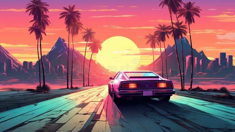 Car Ride on the Morning Road in 80s Retro Synthwave or 00s Vaporwave ...