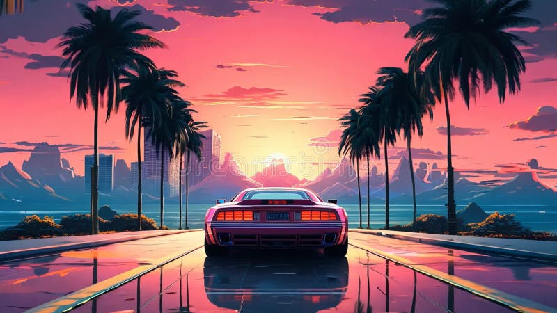 Car Ride on the Morning Road in 80s Retro Synthwave or 00s Vaporwave ...