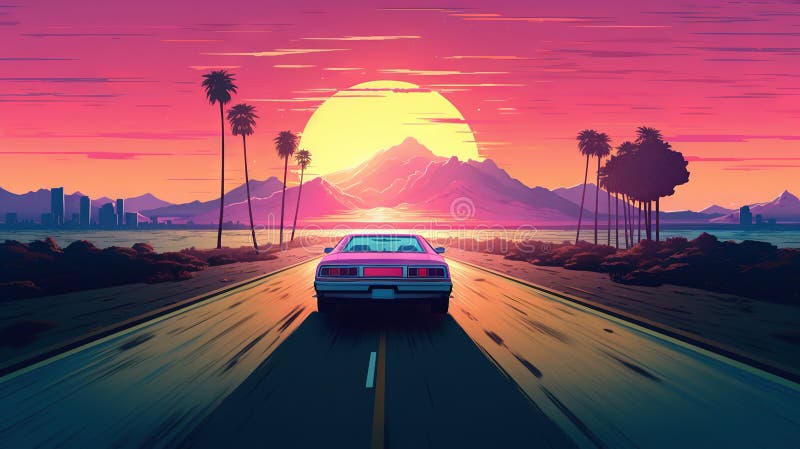 Car Ride on the Morning Road in 80s Retro Synthwave or 00s Vaporwave ...