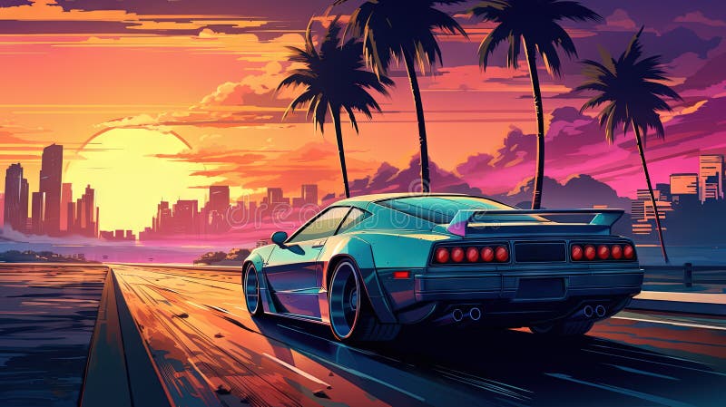Car Ride on the Morning Road in 80s Retro Synthwave or 00s Vaporwave ...