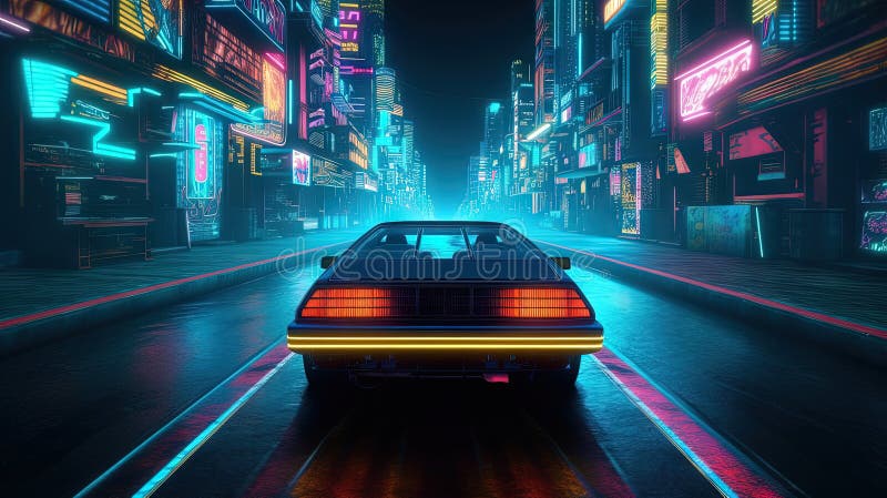 Car Ride on the Neon Road in 80s Retro Synthwave Style. Stock Photo ...