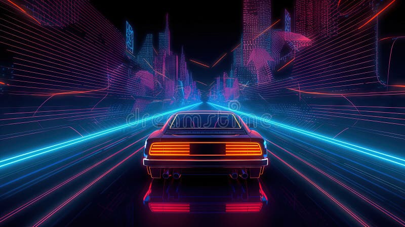 Car Ride on the Neon Road in 80s Retro Synthwave Style. Stock Image ...