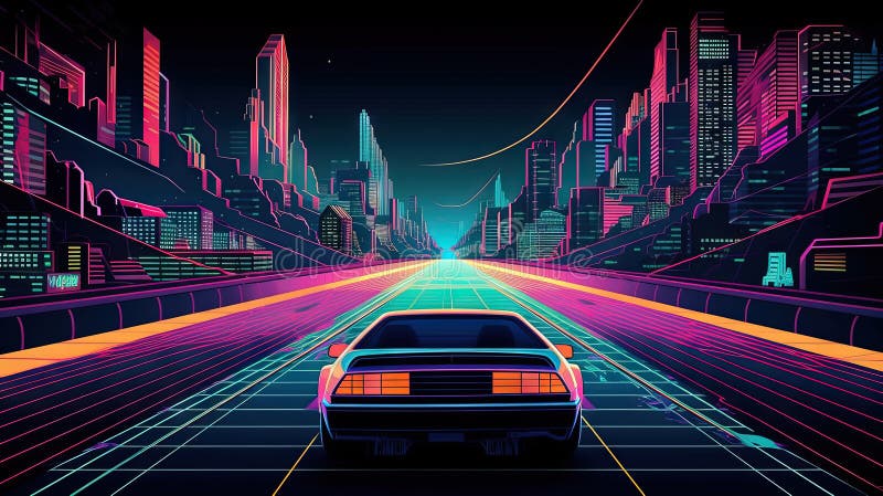 Car Ride on the Neon Road in 80s Retro Synthwave Style. Stock Photo ...