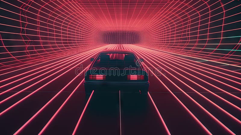 Car Ride on the Neon Road in 80s Retro Synthwave Style. Stock Image ...