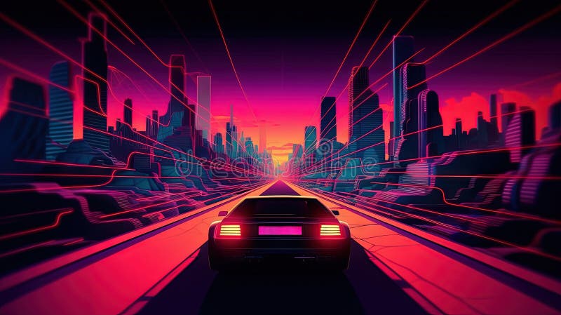 Car Ride on the Neon Road in 80s Retro Synthwave Style. Stock Photo ...