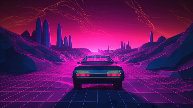 Car Ride on the Neon Road in 80s Retro Synthwave Style. Stock Photo ...
