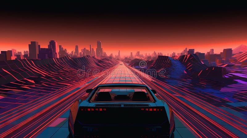 Car Ride on the Neon Road in 80s Retro Synthwave Style. Stock Photo ...