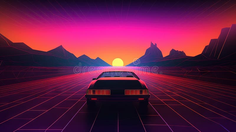 Car Ride on the Neon Road in 80s Retro Synthwave Style. Stock Image ...