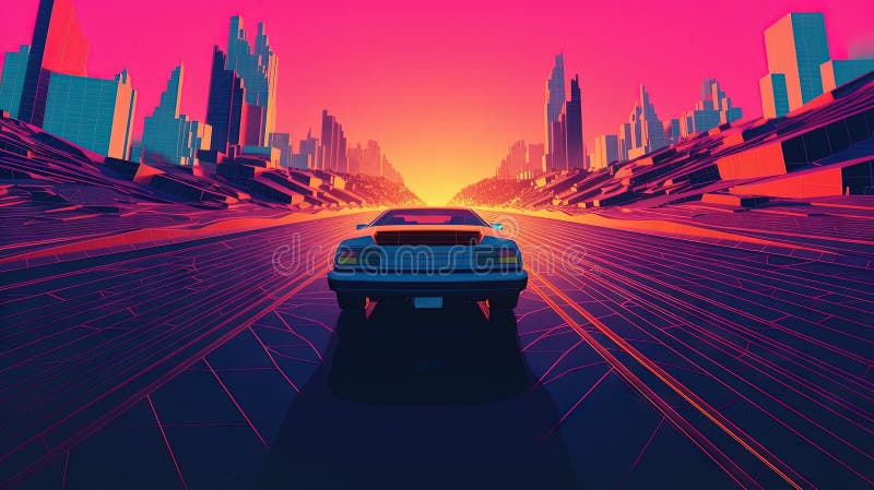 Car Ride on the Neon Road in 80s Retro Synthwave Style. Stock Photo ...
