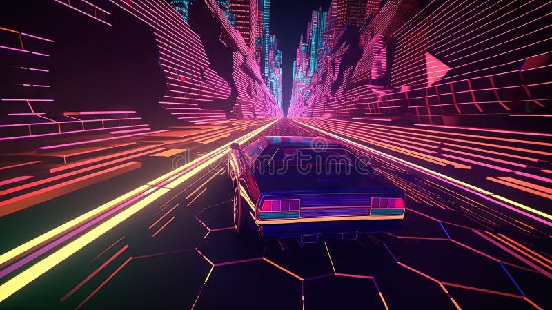 Car Ride on the Neon Road in 80s Retro Synthwave Style. Stock Image ...
