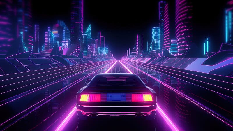 Car Ride on the Neon Road in 80s Retro Synthwave Style. Generated AI ...
