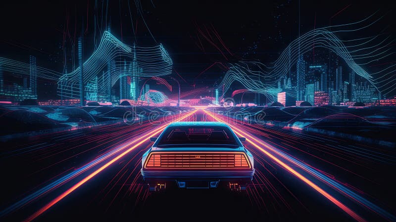 Car Ride on the Neon Road in 80s Retro Synthwave Style. Generated AI. Stock Image - Image of ...