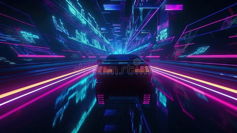 Car Ride on the Neon Road in 80s Retro Synthwave Style. Generated AI ...
