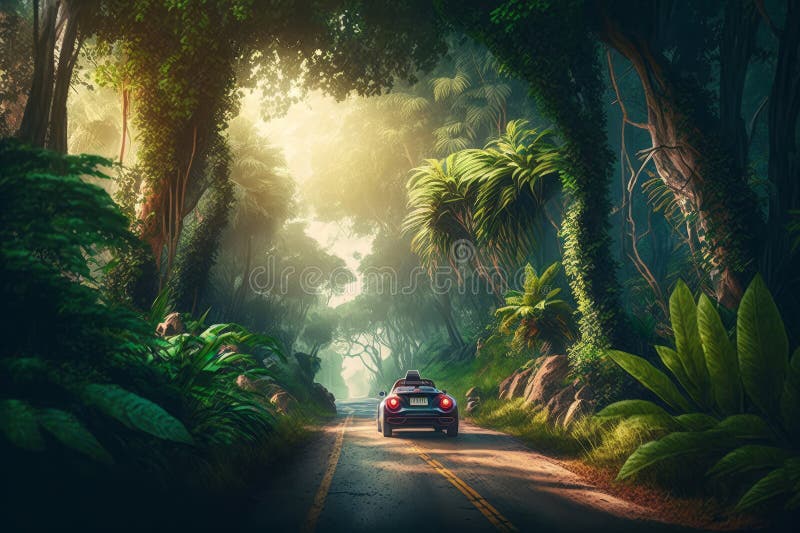 Car Riding on Road in Tropical Forest. Illustration AI Generative Stock ...