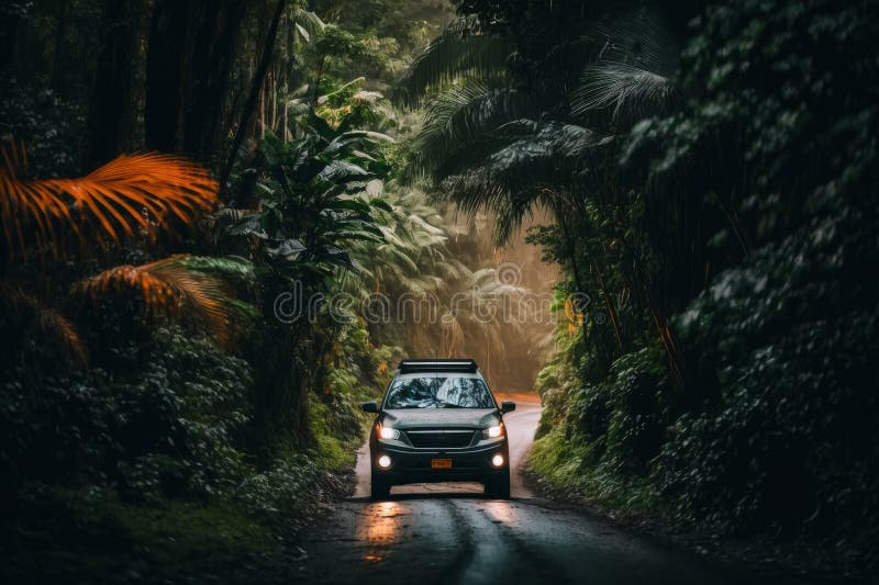 Car Riding on Road in Tropical Forest. Illustration AI Generative Stock ...