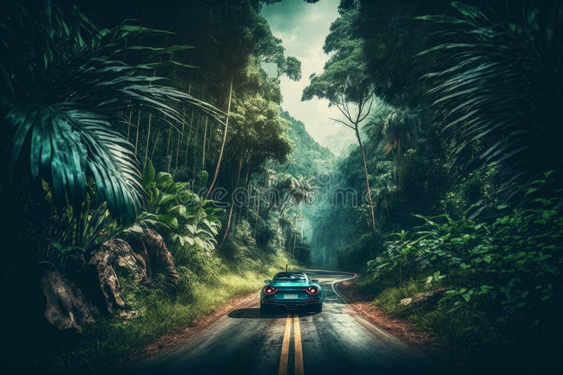 Car Riding on Road in Tropical Forest. Illustration AI Generative Stock ...