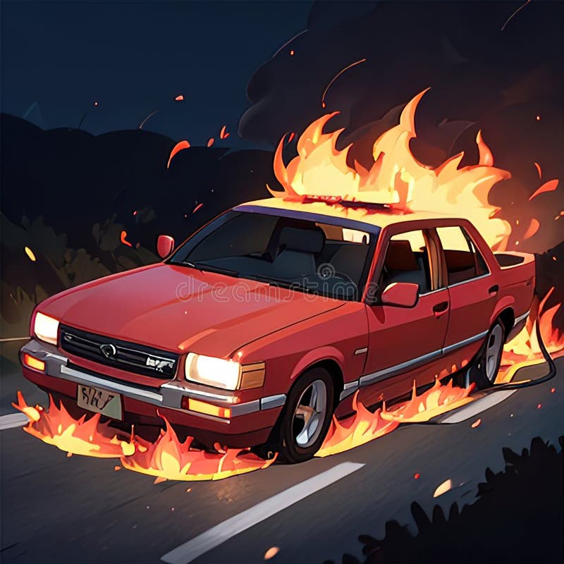 Car Burning, on Fire, Big Problems for Insurance, Cute Simple Anime ...