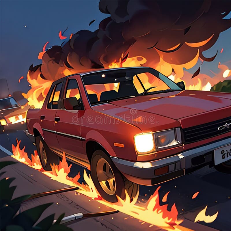 Car Burning, on Fire, Big Problems for Insurance, Cute Simple Anime ...